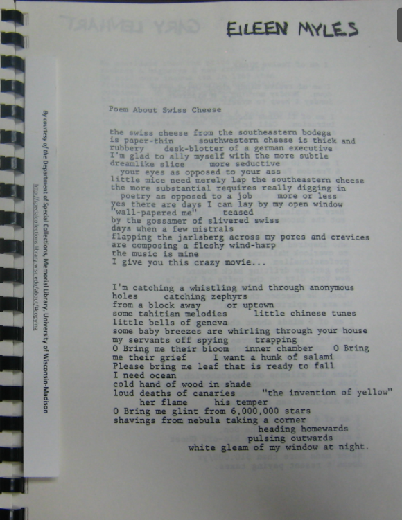 “Poem about Swiss Cheese” by Eileen Myles; – Spies in the Audience